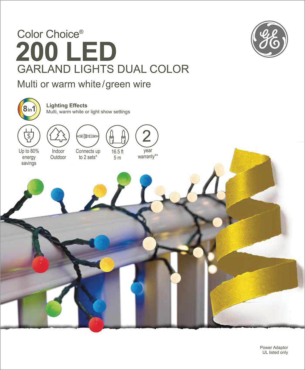 93988 - GE Color Choice® LED Garland Lights, 200ct, Multi/Warm White – Holiday Lighting Support