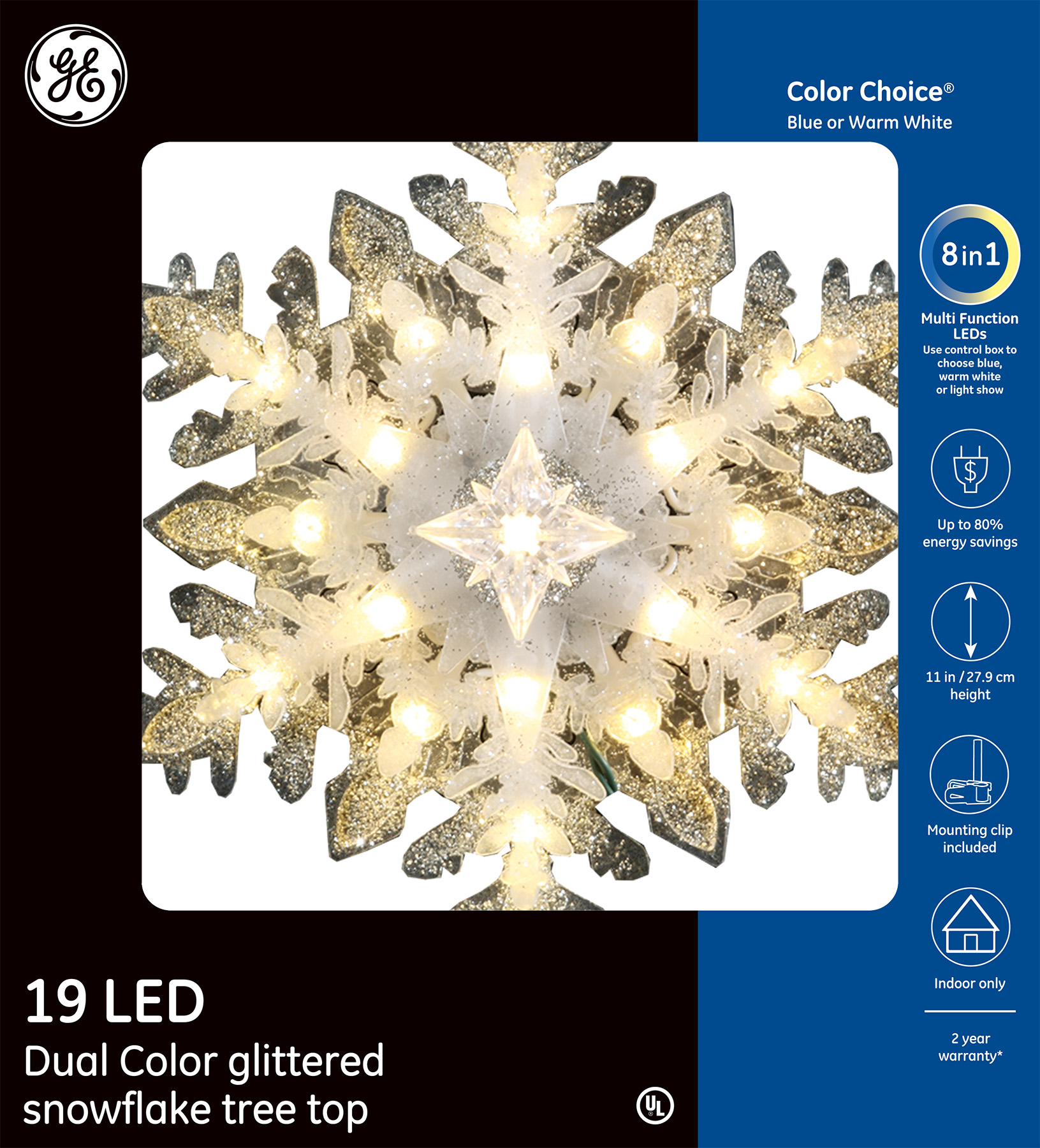 88999 - GE Color Choice® LED Glittered Snowflake Tree Top, 19ct, Blue ...